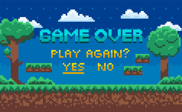 Game Over Screen Vector, Landscape With Pixel Graphics Of 8 Bit ...
